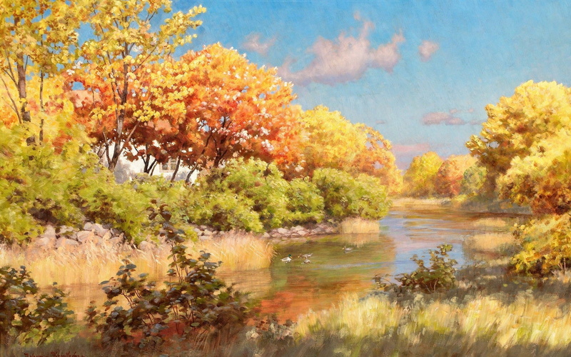 Autumn, Water, Landscape, Painting, 2K, Krouthen, Trees, Johan, River ...